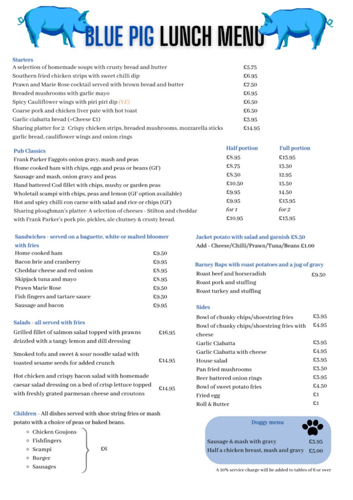 Menus - Great pub food to eat in and takeaway at The Blue Pig, Wolvey