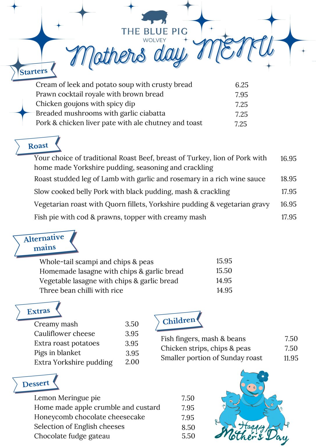 Menus - Great pub food to eat in and takeaway at The Blue Pig, Wolvey