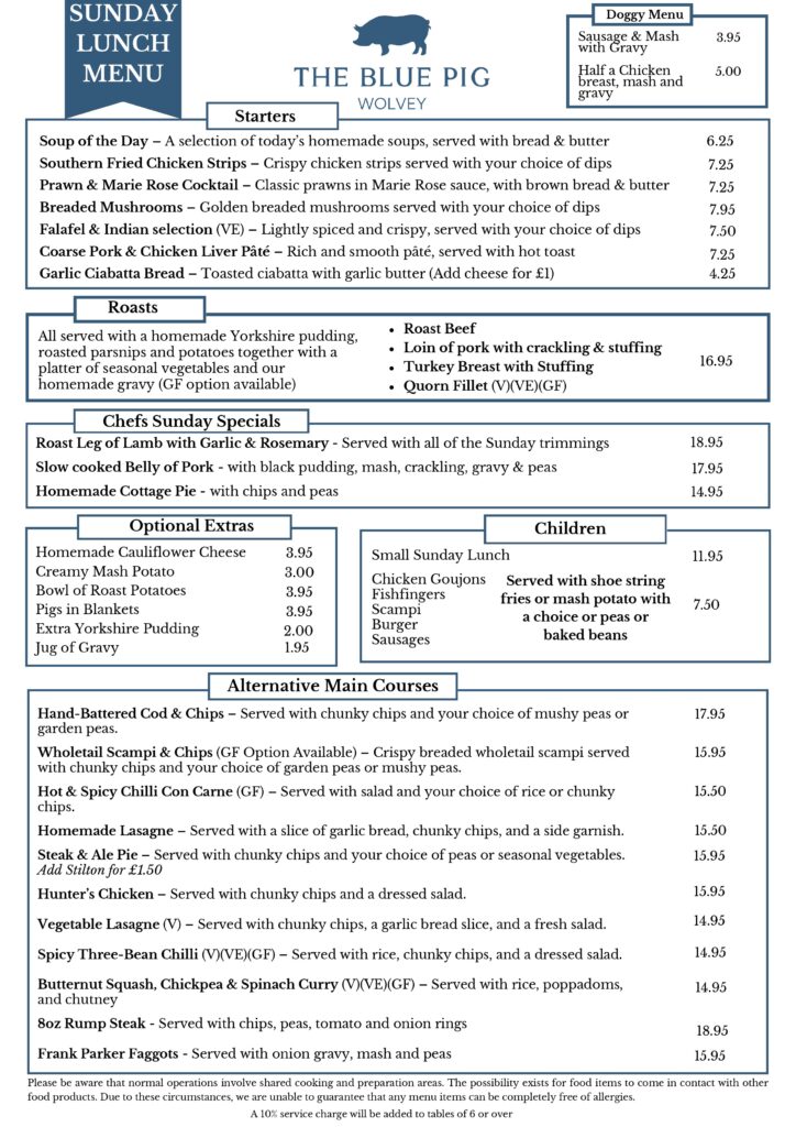 Menus - Great pub food to eat in and takeaway at The Blue Pig, Wolvey