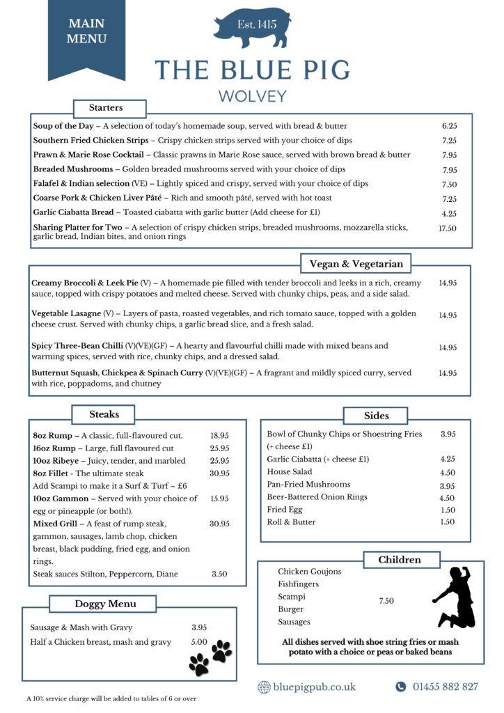 Menus - Great pub food to eat in and takeaway at The Blue Pig, Wolvey